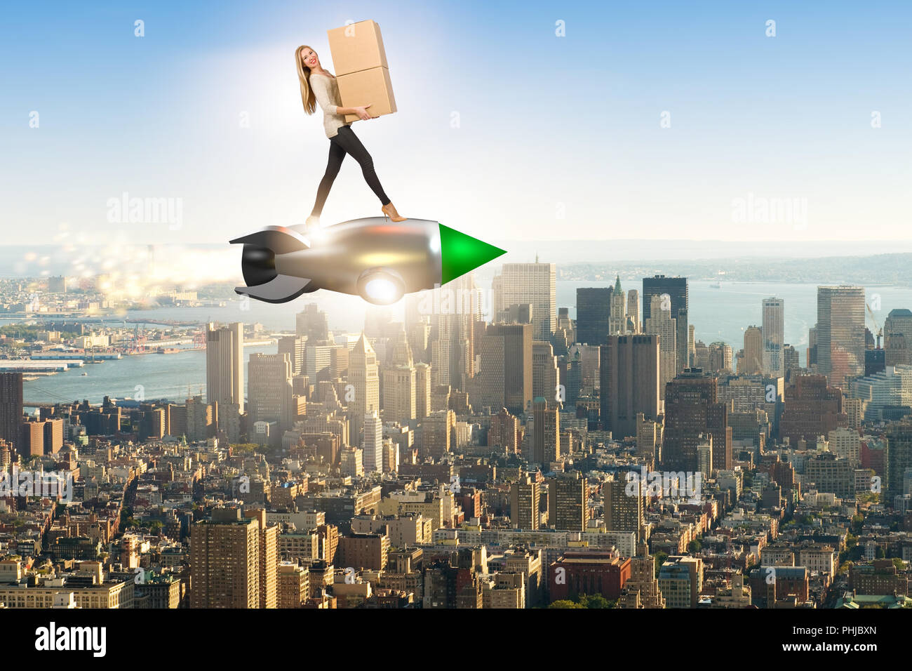 Woman in fast box delivery service on rocket Stock Photo - Alamy