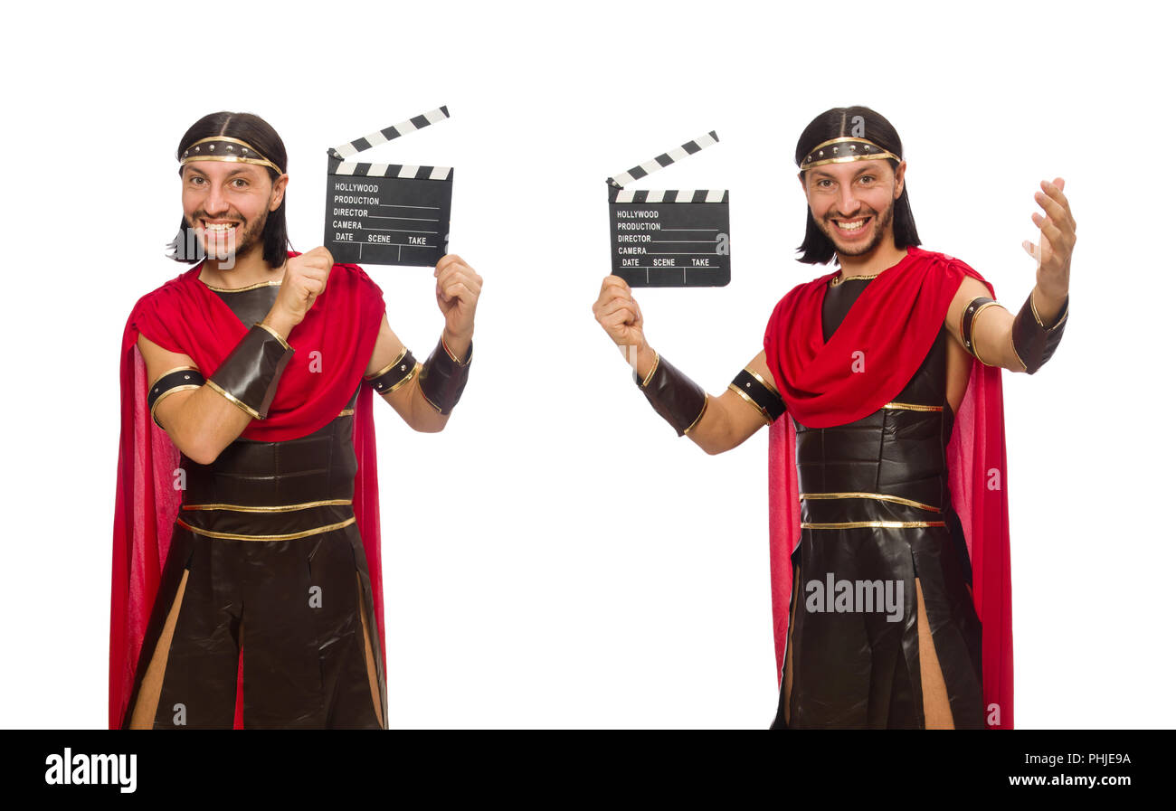Gladiator with clapper-board isolated on white Stock Photo - Alamy