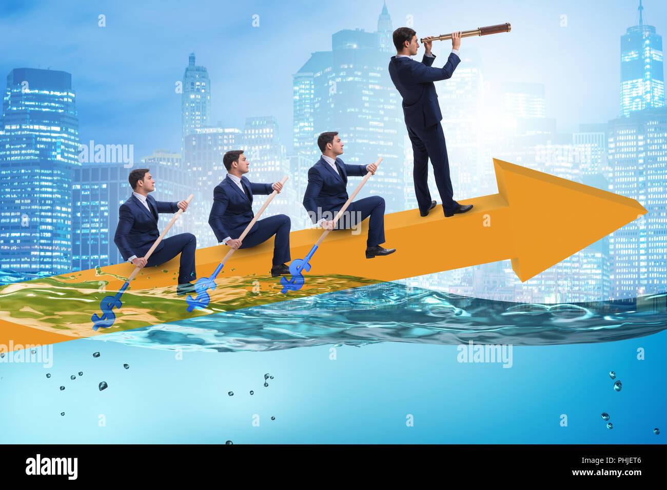 Teamwork concept with businessmen on boat Stock Photo - Alamy