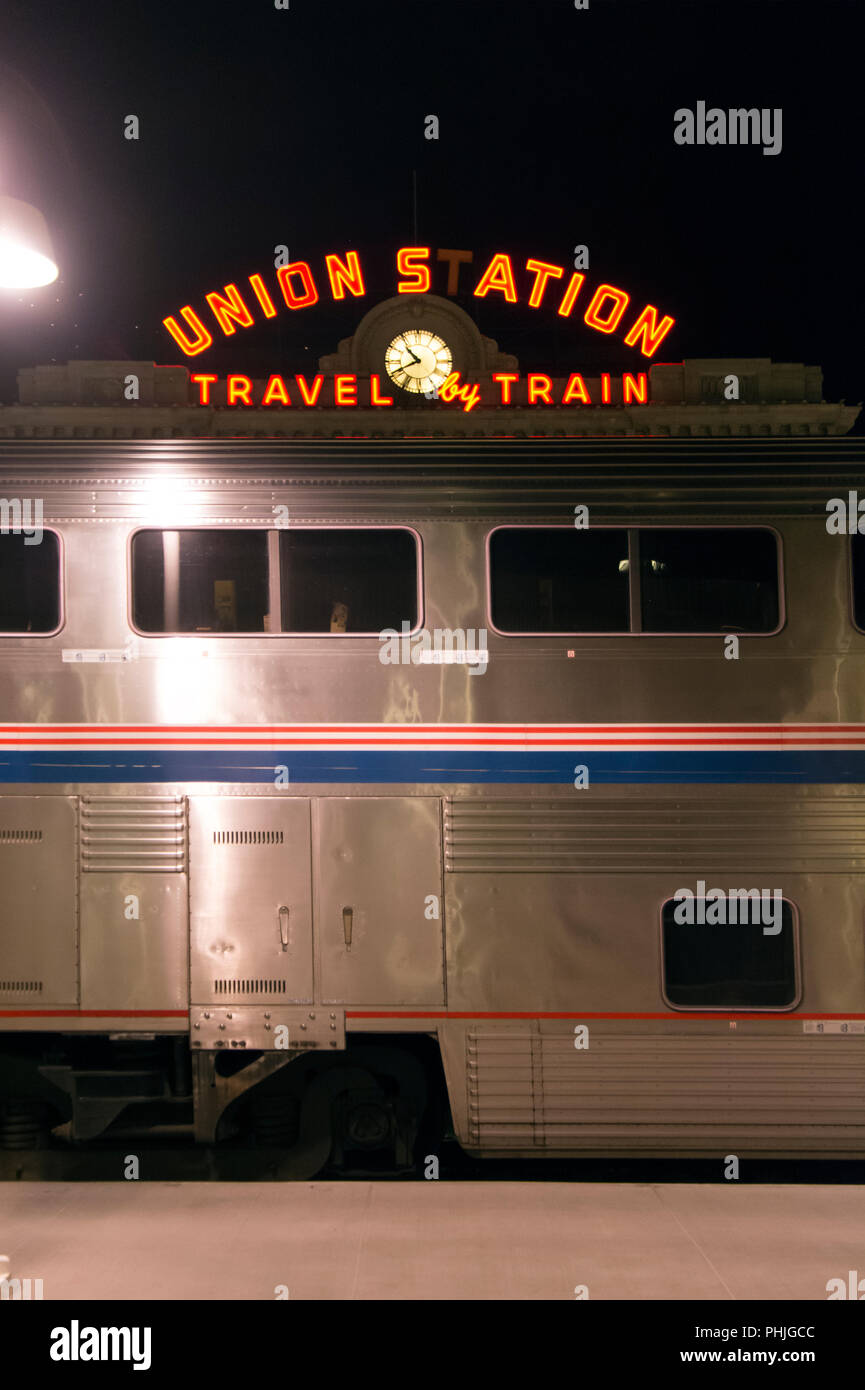 An Amtrack train waiting on the tracks at the Denver Union Station ...