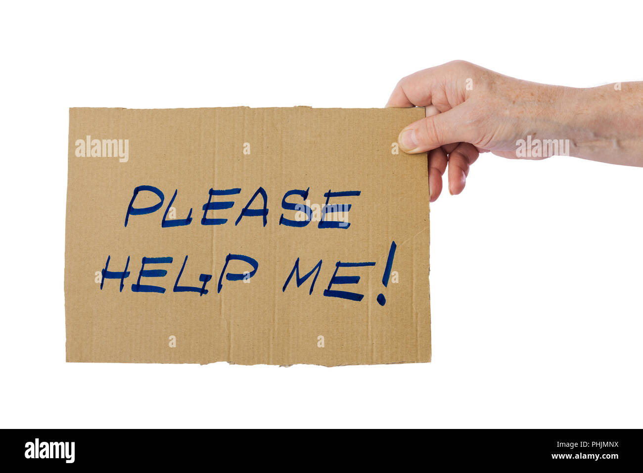 Hand with cardboard Help Stock Photo - Alamy