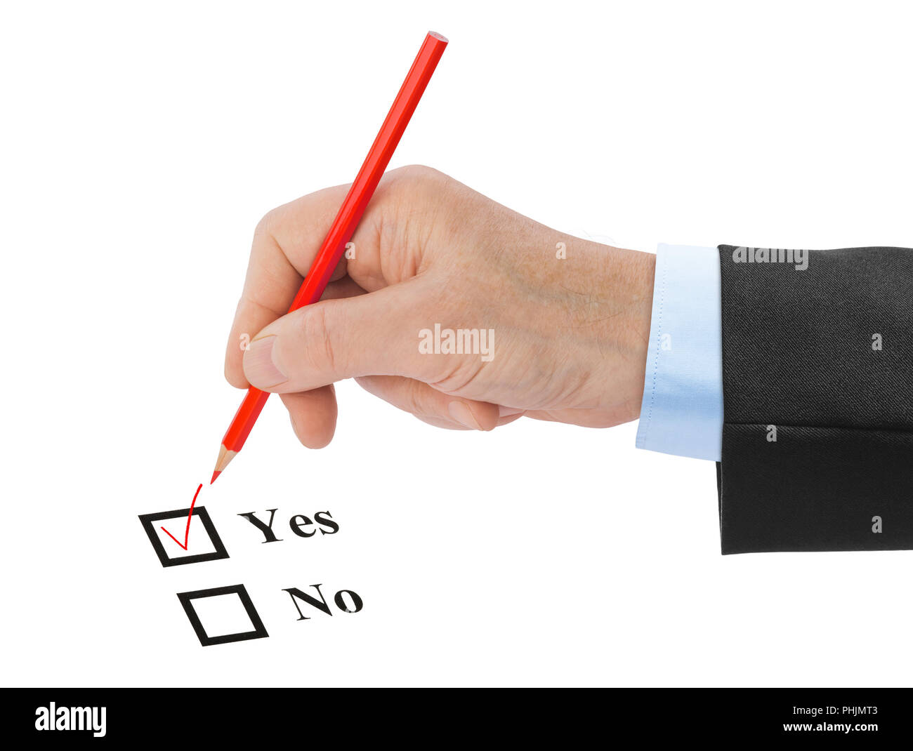 Hand with pencil and check boxes Stock Photo - Alamy