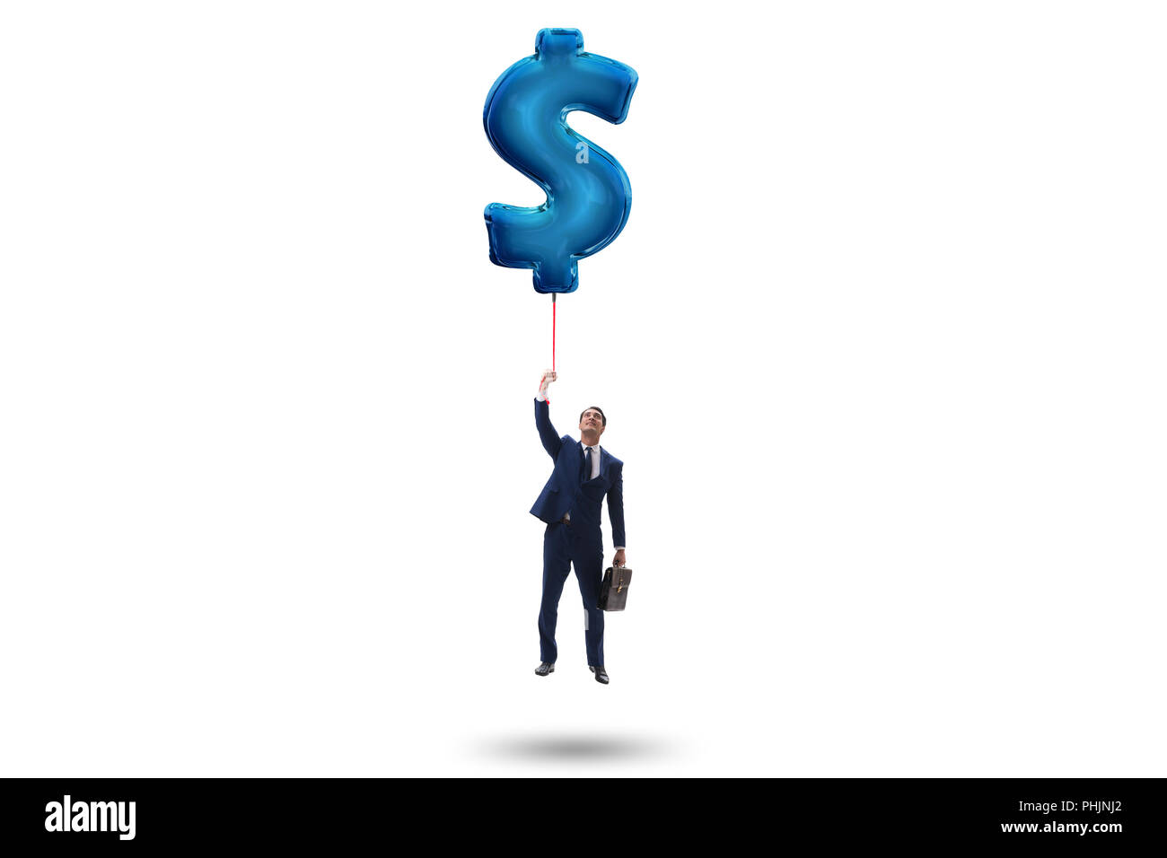 Businessman flying on dollar sign inflatable balloon Stock Photo - Alamy