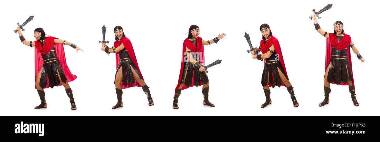 Gladiator posing with sword isolated on white Stock Photo - Alamy