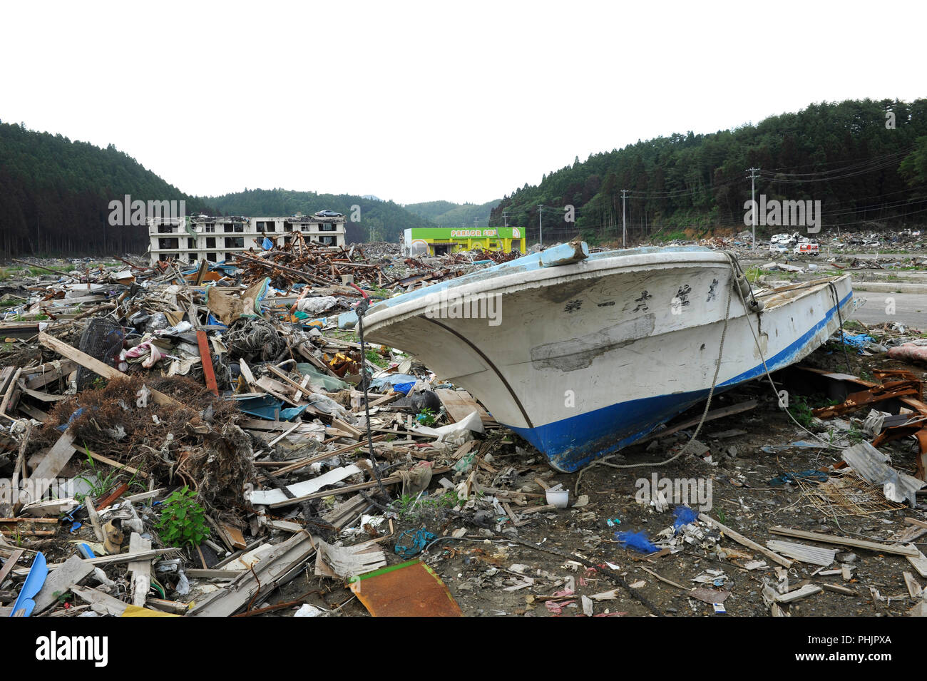 Boats and inland damage off coast of Tohoku, Japan, following massive ...
