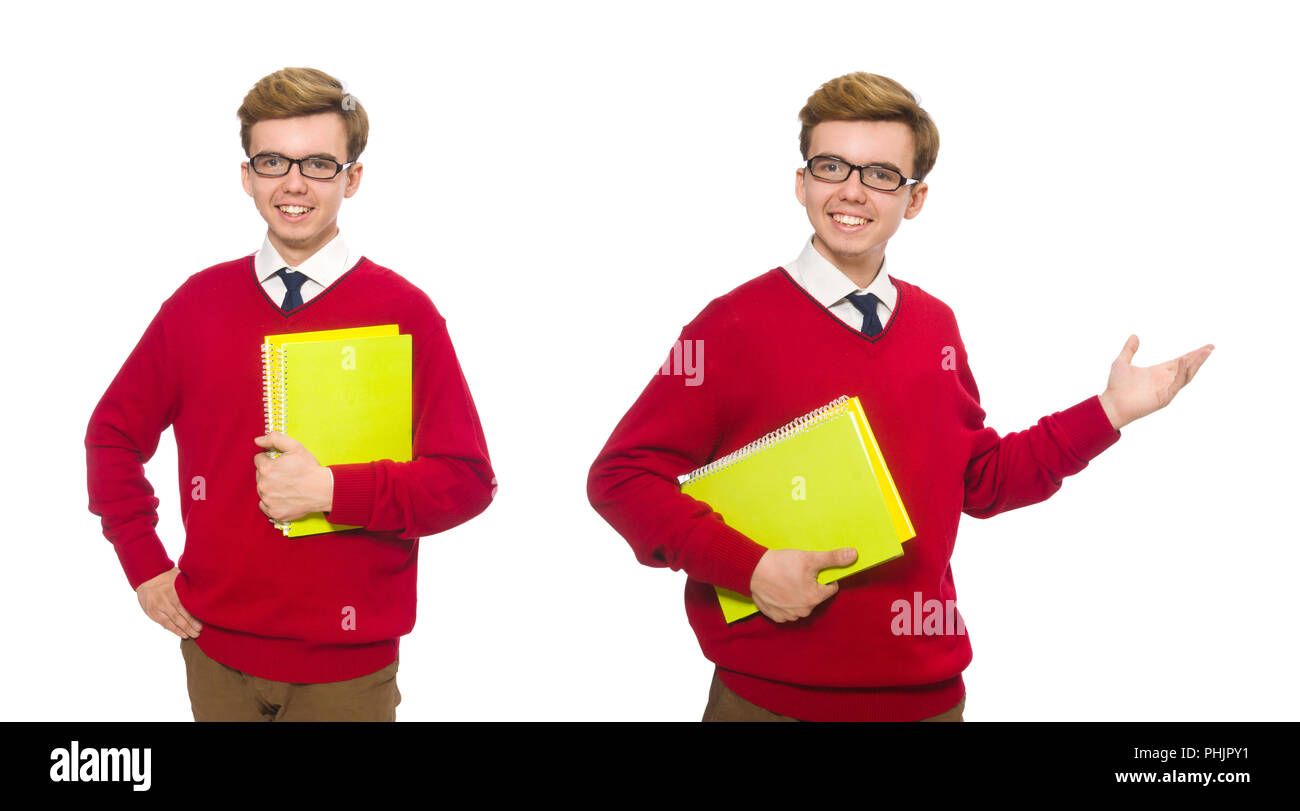 Student with paper isolated on white Stock Photo - Alamy