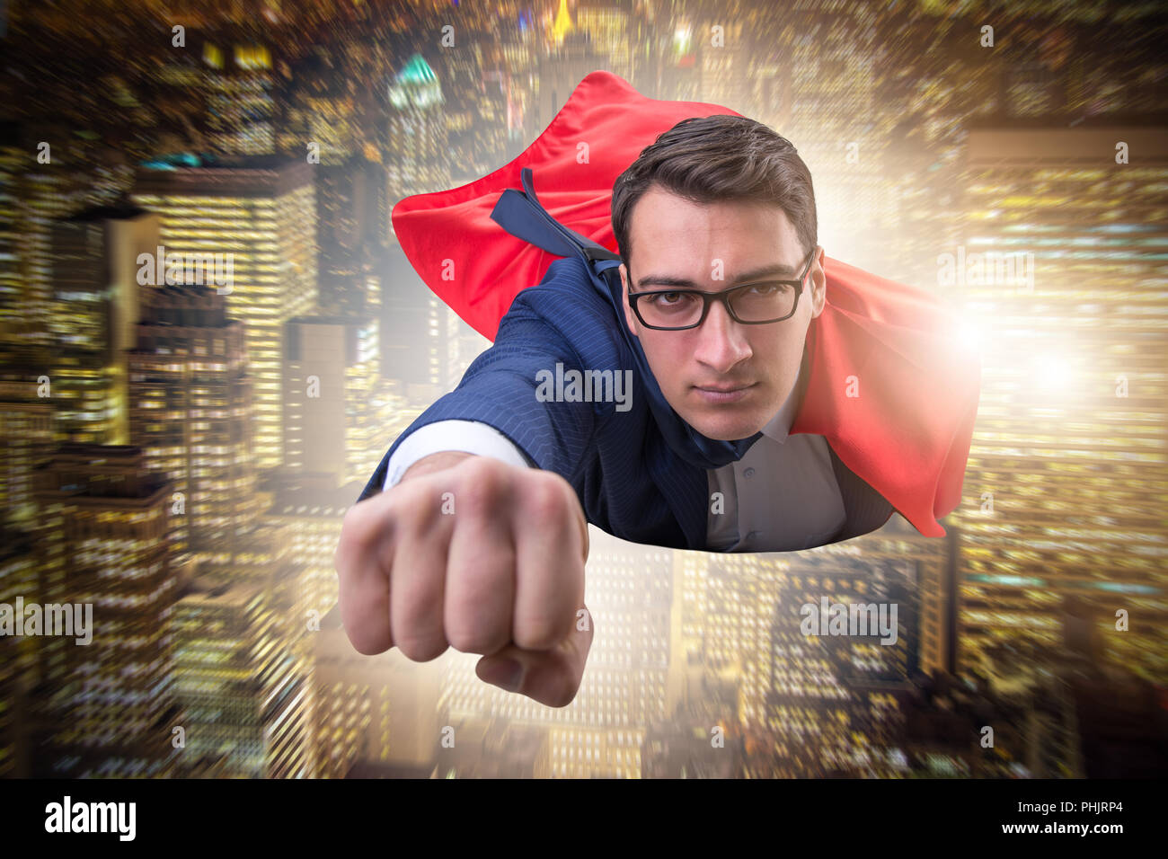 Flying super hero over the city Stock Photo - Alamy