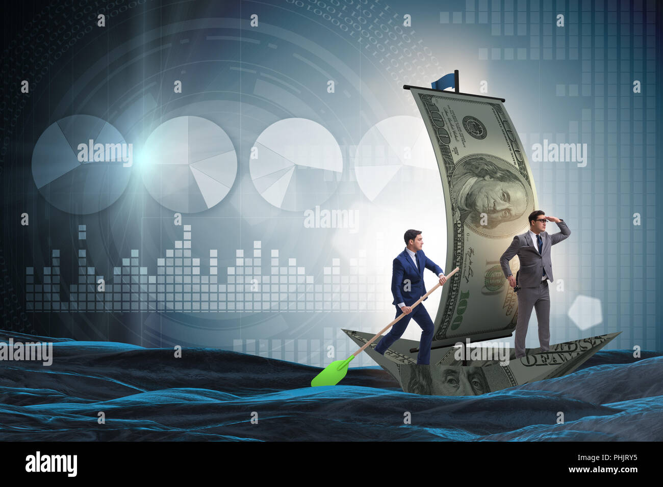 Business partnership with businessmen sailing on dollar boat Stock ...
