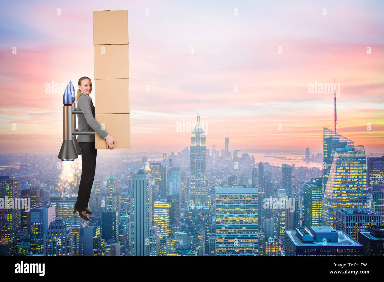 Woman in fast box delivery service on rocket Stock Photo - Alamy