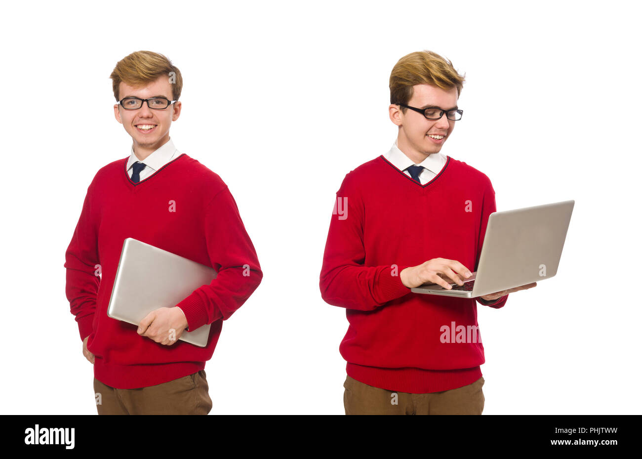 Student using laptop isolated on white Stock Photo - Alamy