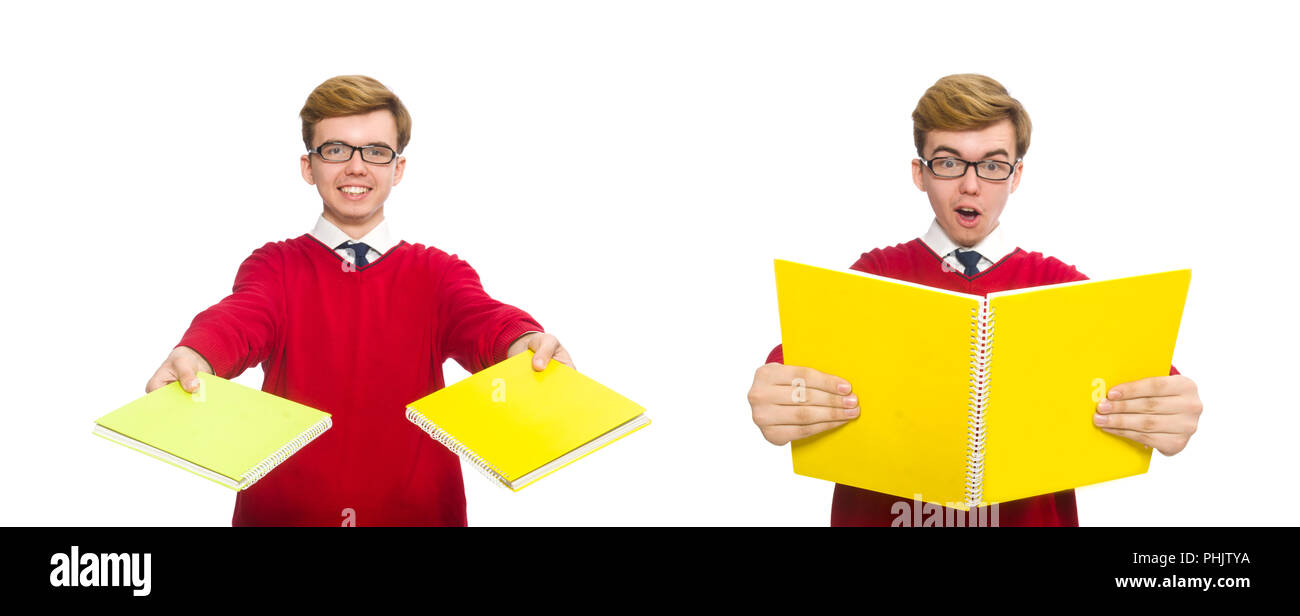 Student with paper isolated on white Stock Photo - Alamy