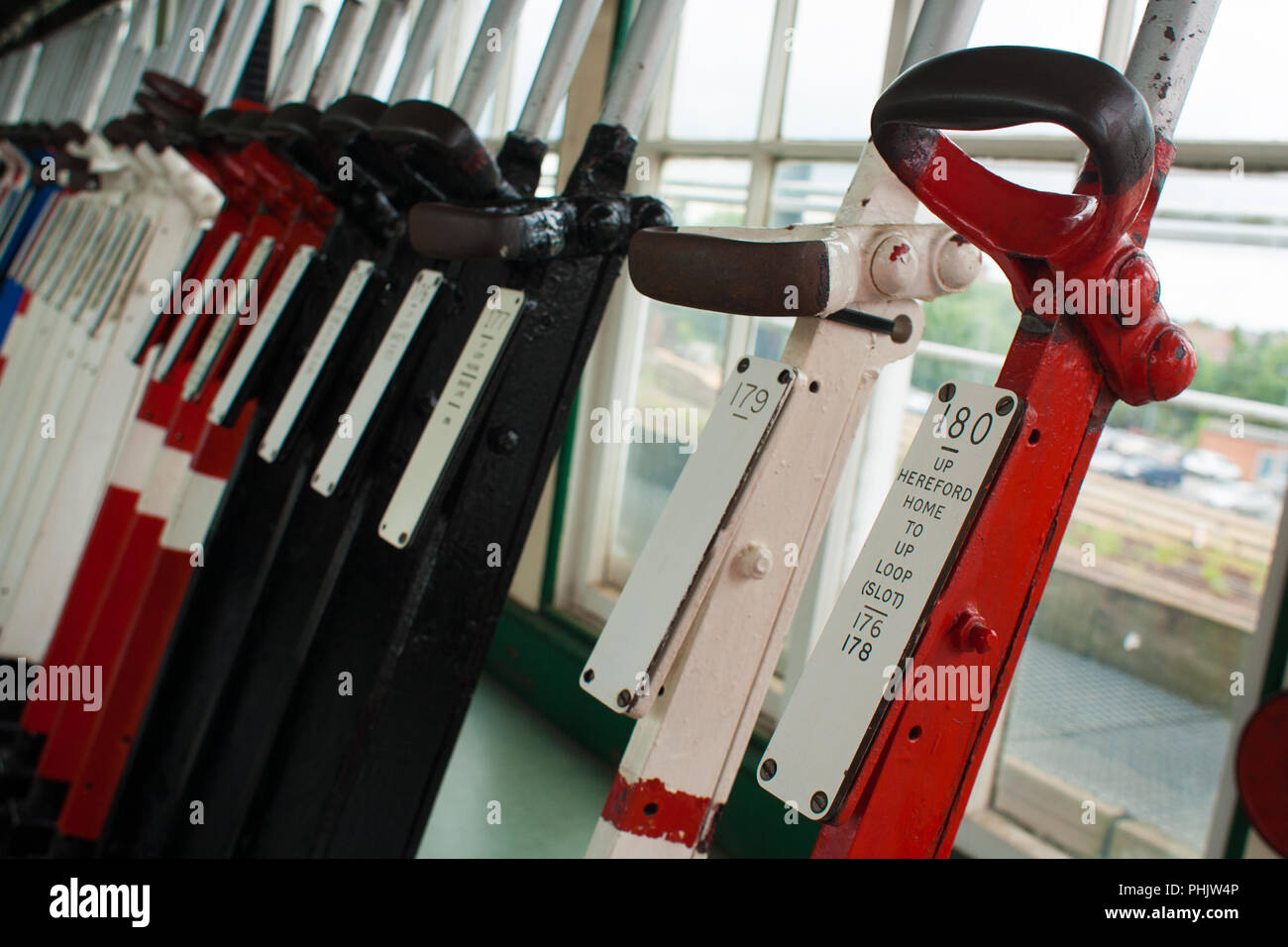 Close up of levers in Shrewsbury's Severn Bridge Junction signal box ...