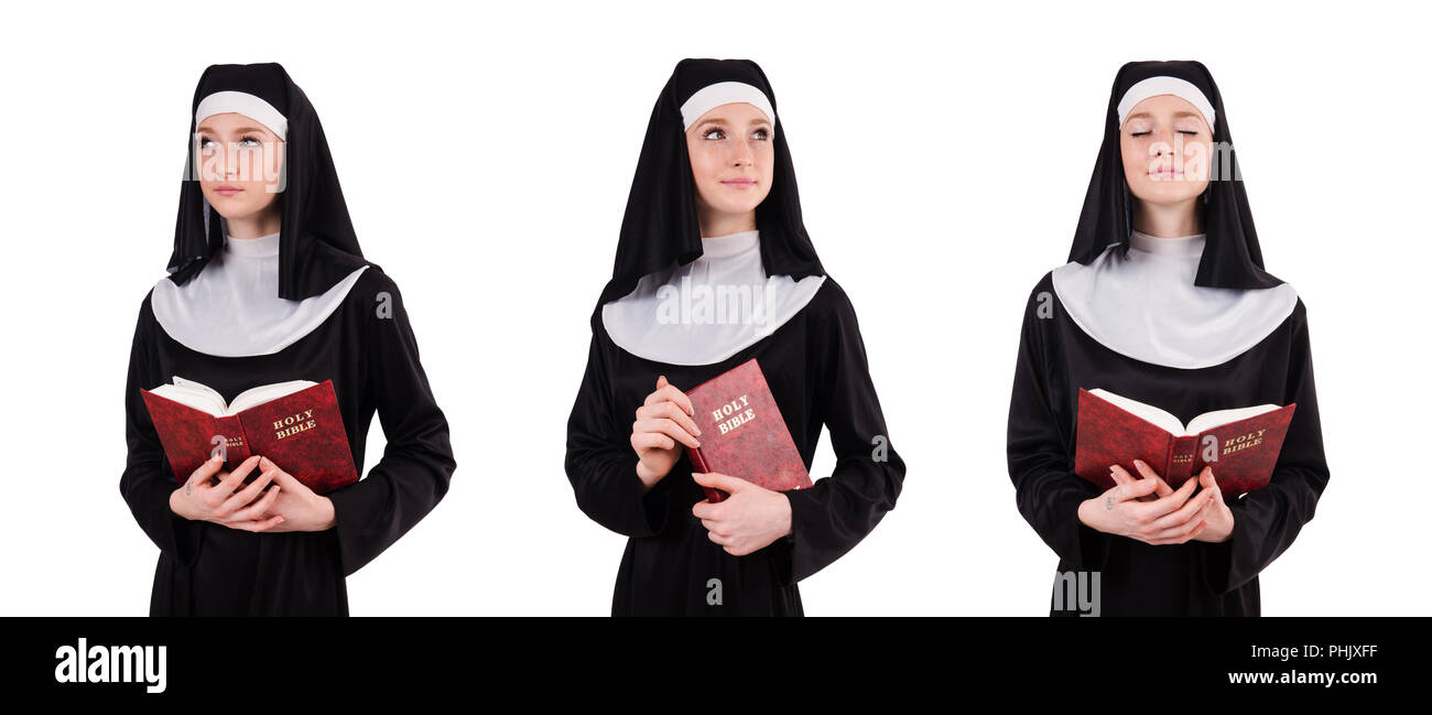 Young nun with bible isolated on white Stock Photo - Alamy