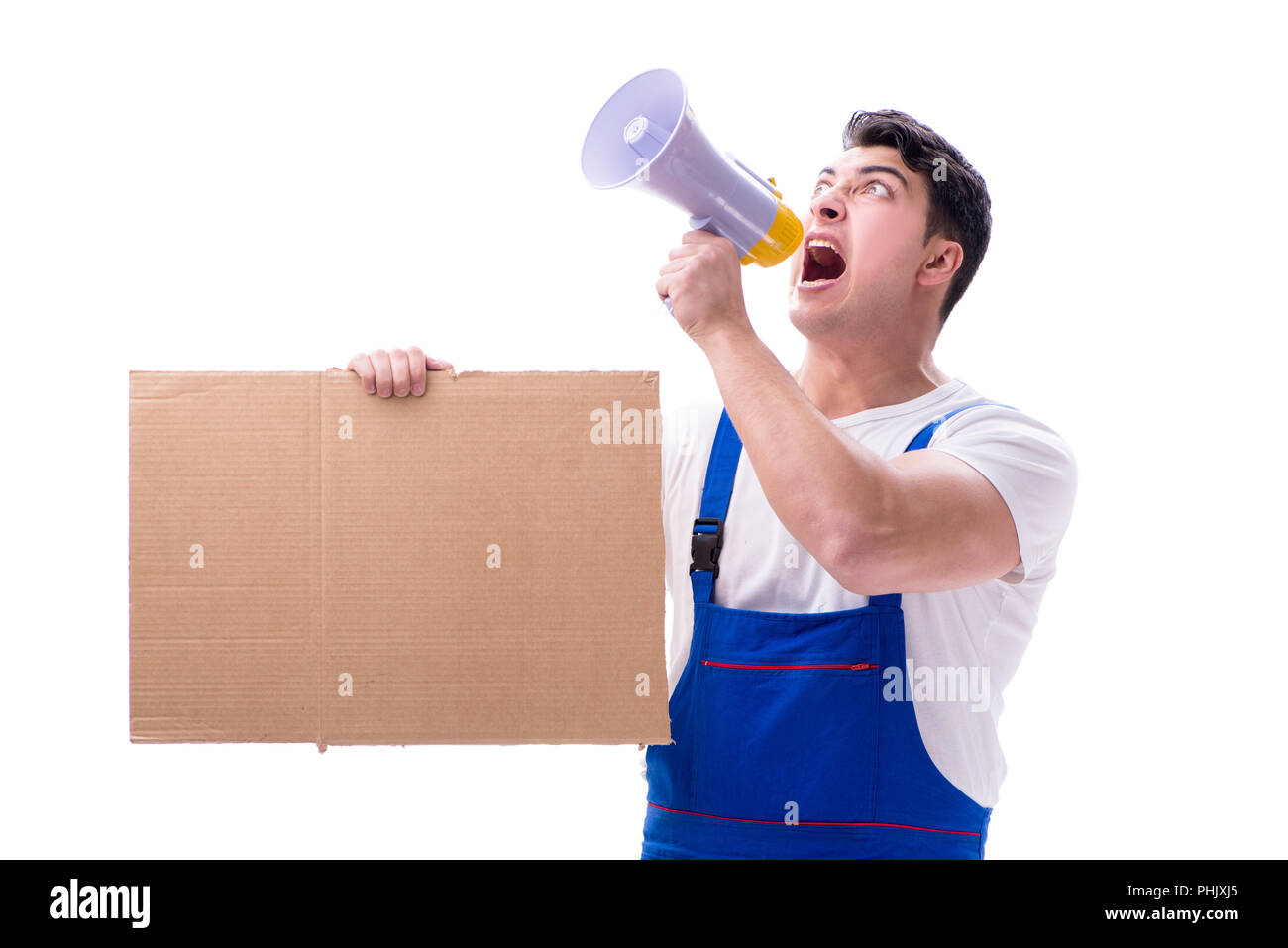 Angry construction supervisor yelling with loudspeaker Stock Photo - Alamy