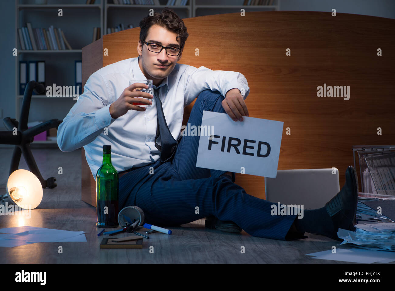 Employee fired during crisis drinking in stress and despair Stock Photo ...