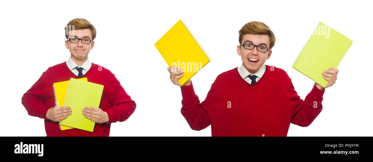 Student with paper isolated on white Stock Photo - Alamy