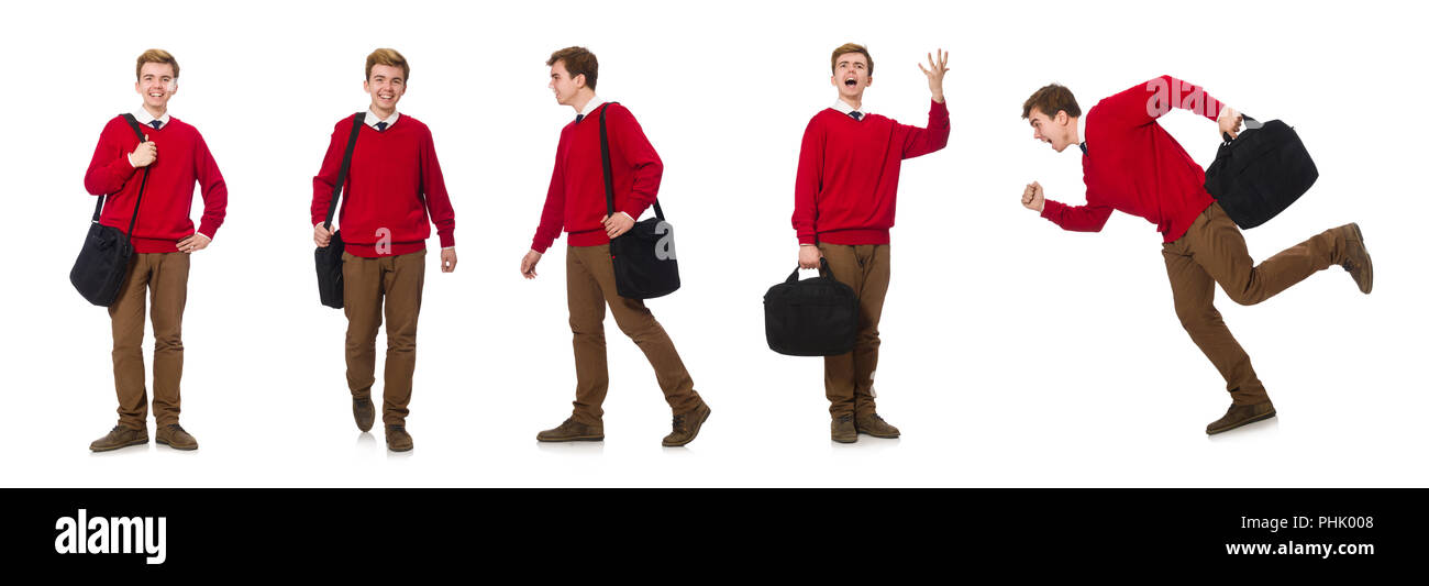 Student with bag isolated on white Stock Photo - Alamy