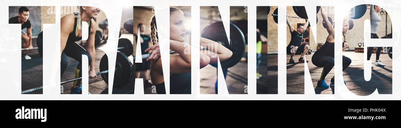 Collage of a fit young woman focused on lifting weights during a ...