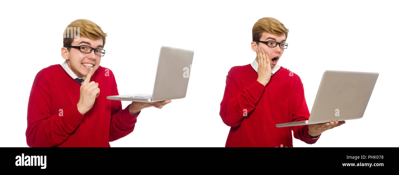 Student using laptop isolated on white Stock Photo - Alamy
