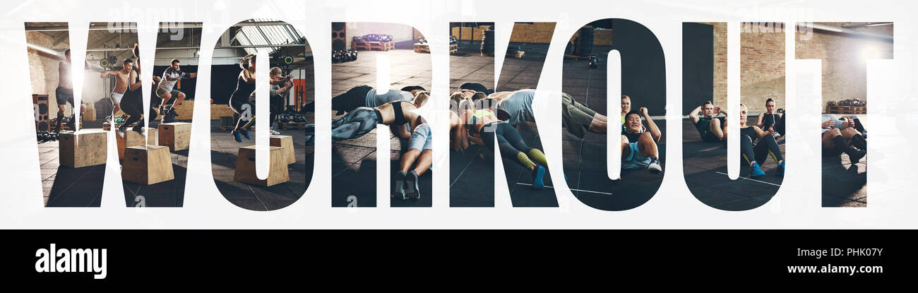 Collage of a group of fit young people doing different exercises ...