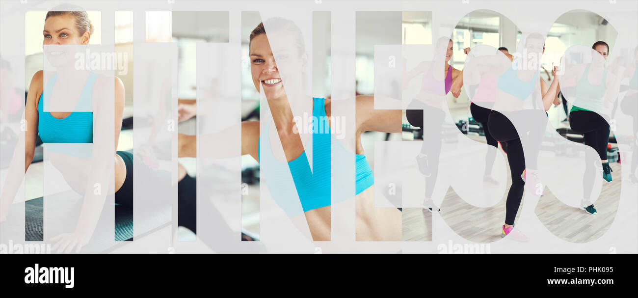 Collage of a fit young woman in sportswear working out with others ...