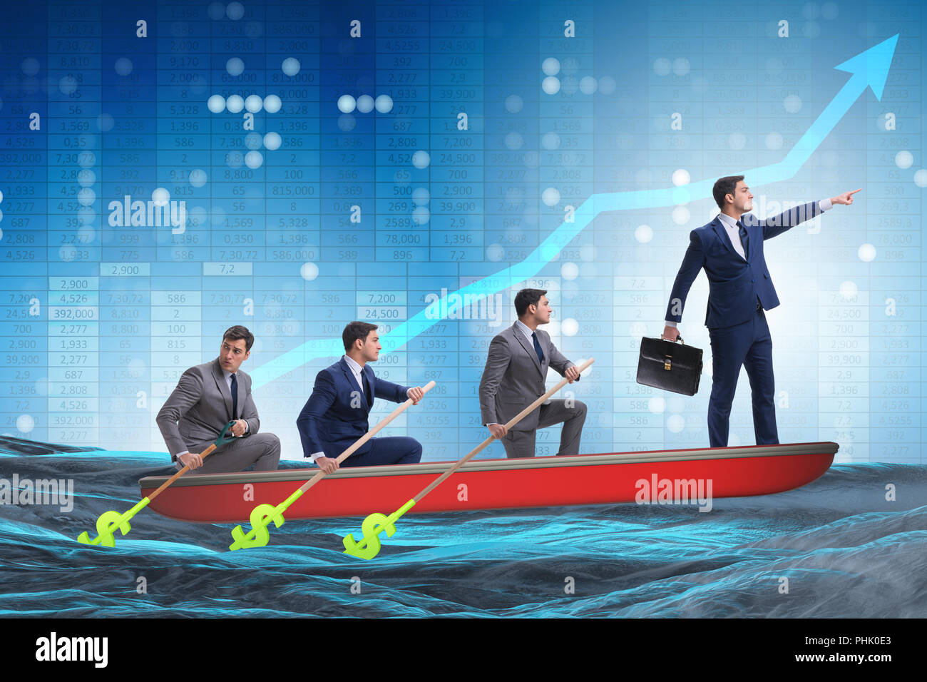 Team of businessmen in teamwork concept with boat Stock Photo - Alamy