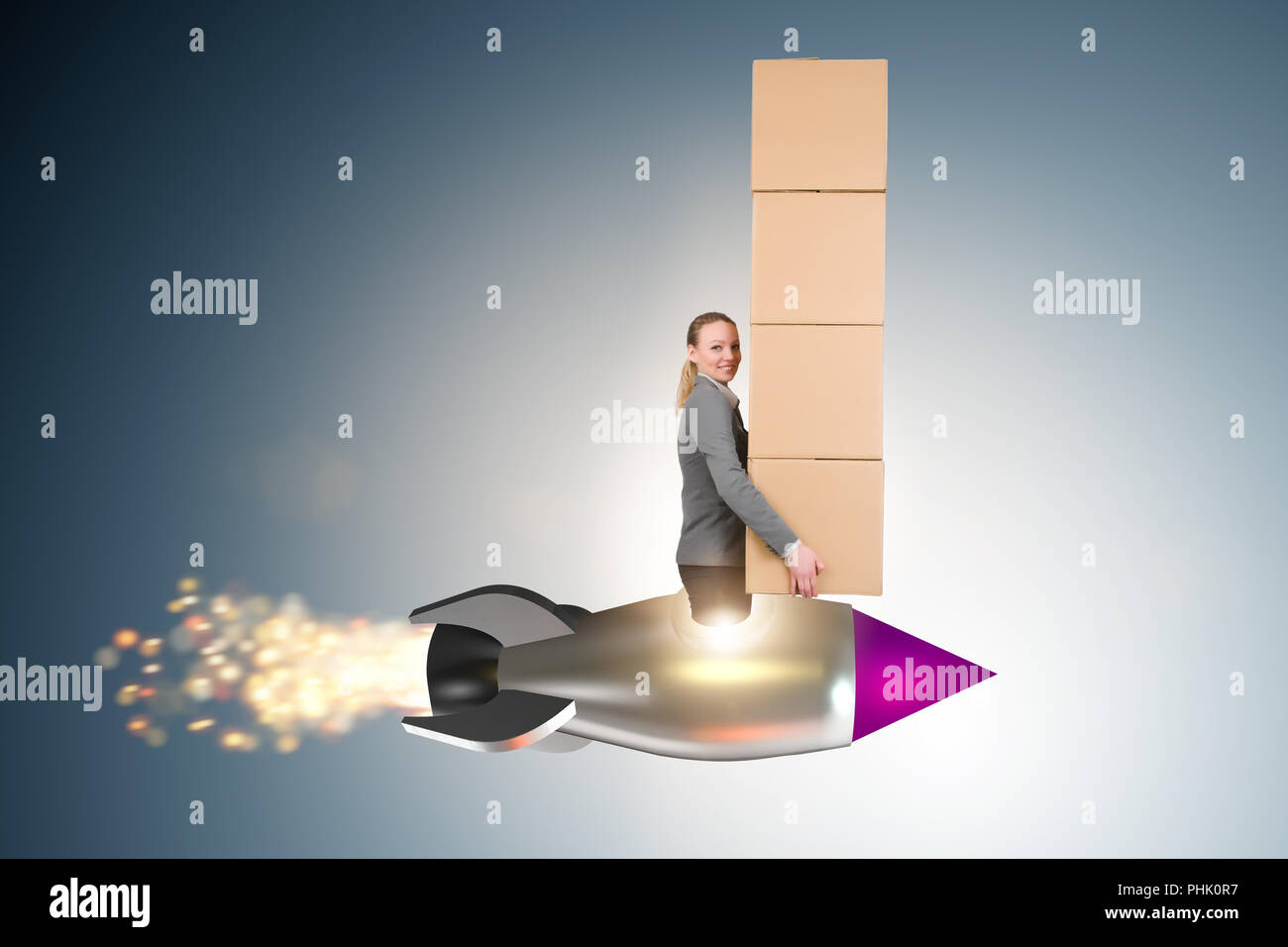 Woman flying rocket and delivering boxes Stock Photo - Alamy