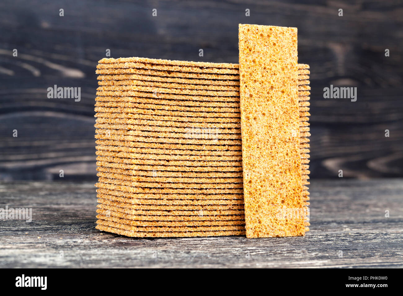 stacked together high thin crackers from rye bread, uses for food Stock ...