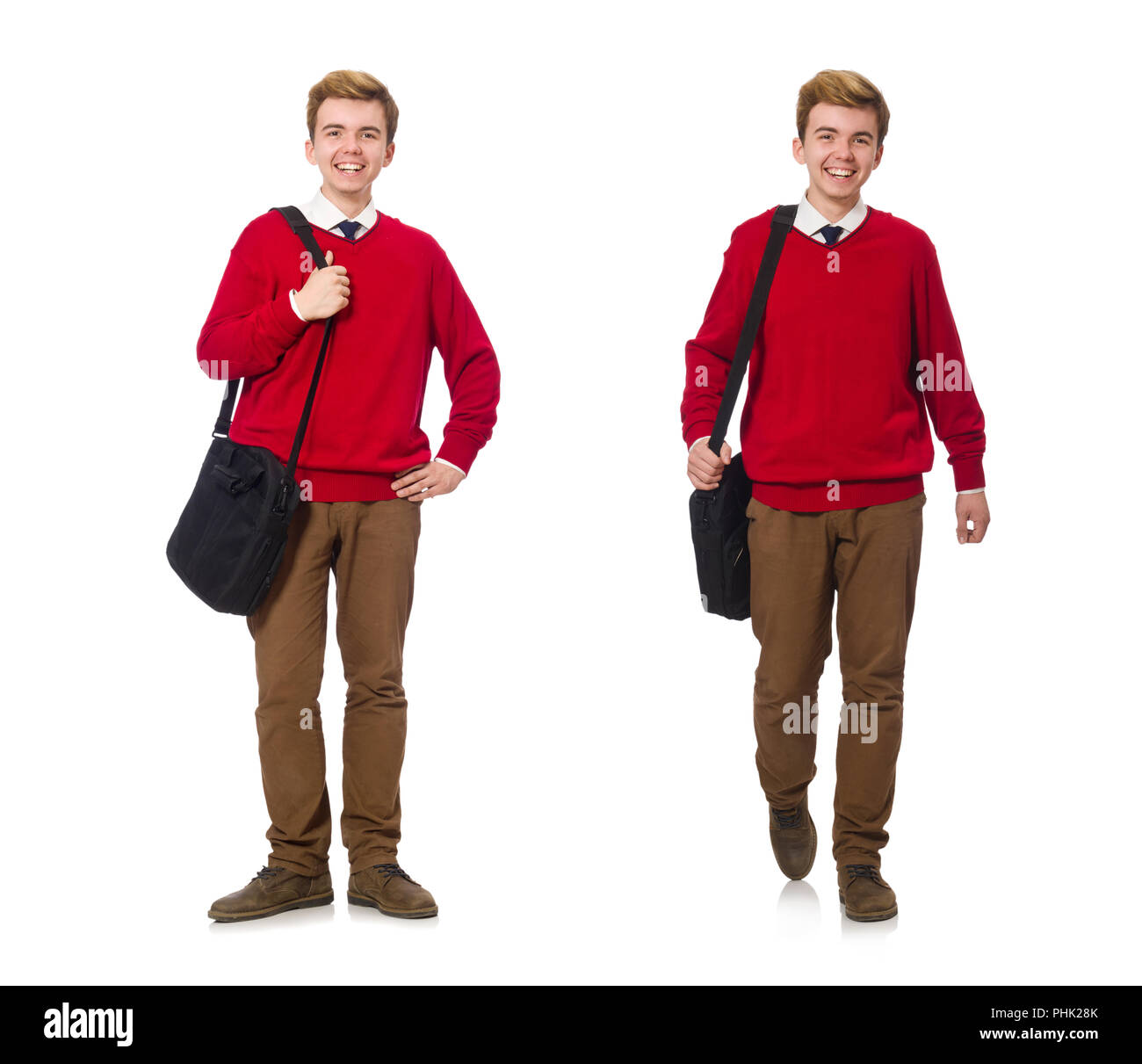 Student with bag isolated on white Stock Photo - Alamy