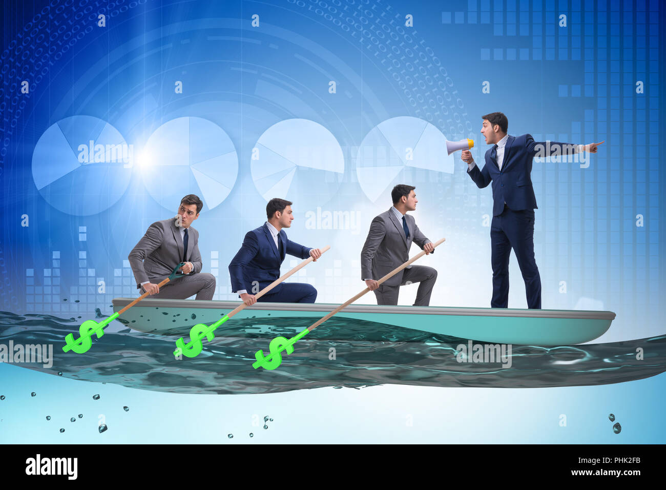 Team of businessmen in teamwork concept with boat Stock Photo - Alamy