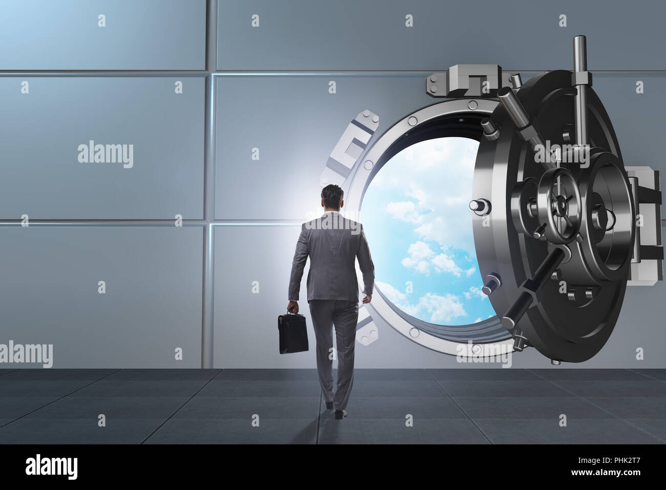 Businessman looking for freedom at the exit Stock Photo - Alamy