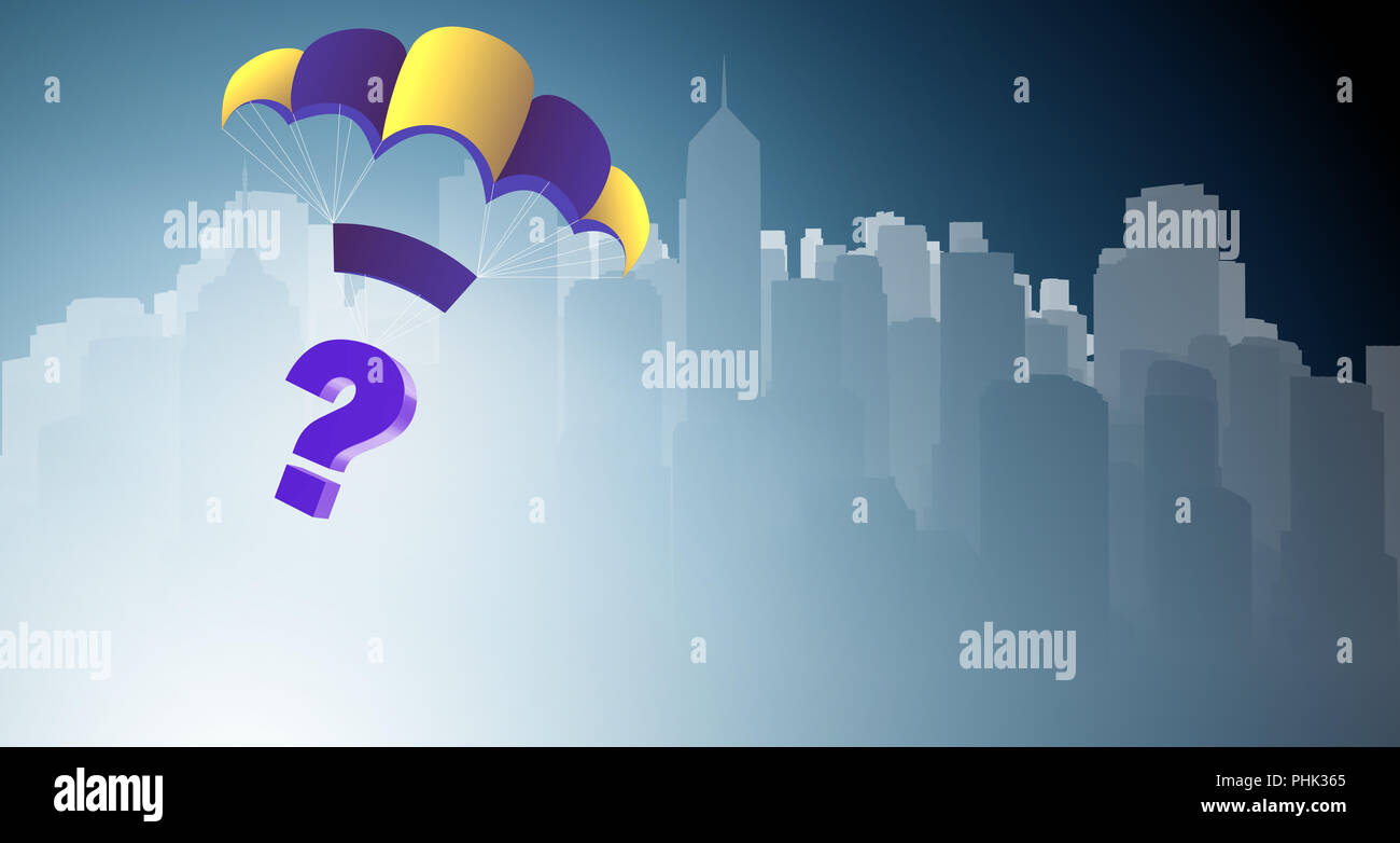 Question falling from sky on parachute Stock Photo - Alamy