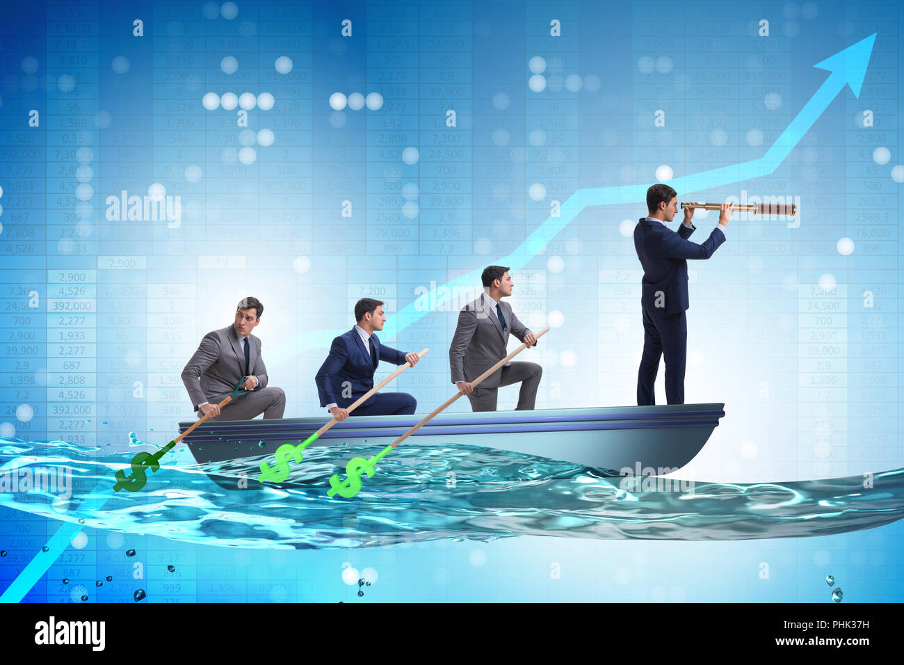 Team of businessmen in teamwork concept with boat Stock Photo - Alamy