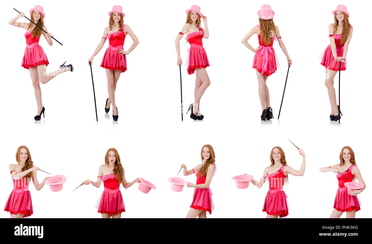 Pretty young wizard in mini pink dress isolated on white Stock Photo ...