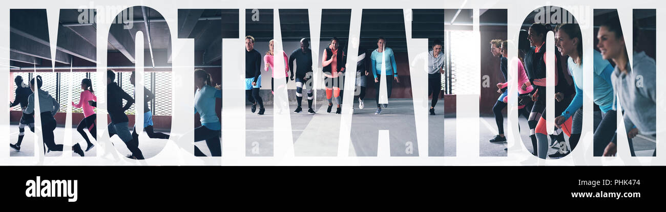 Collage of a group of diverse fit young people in sportswear running ...