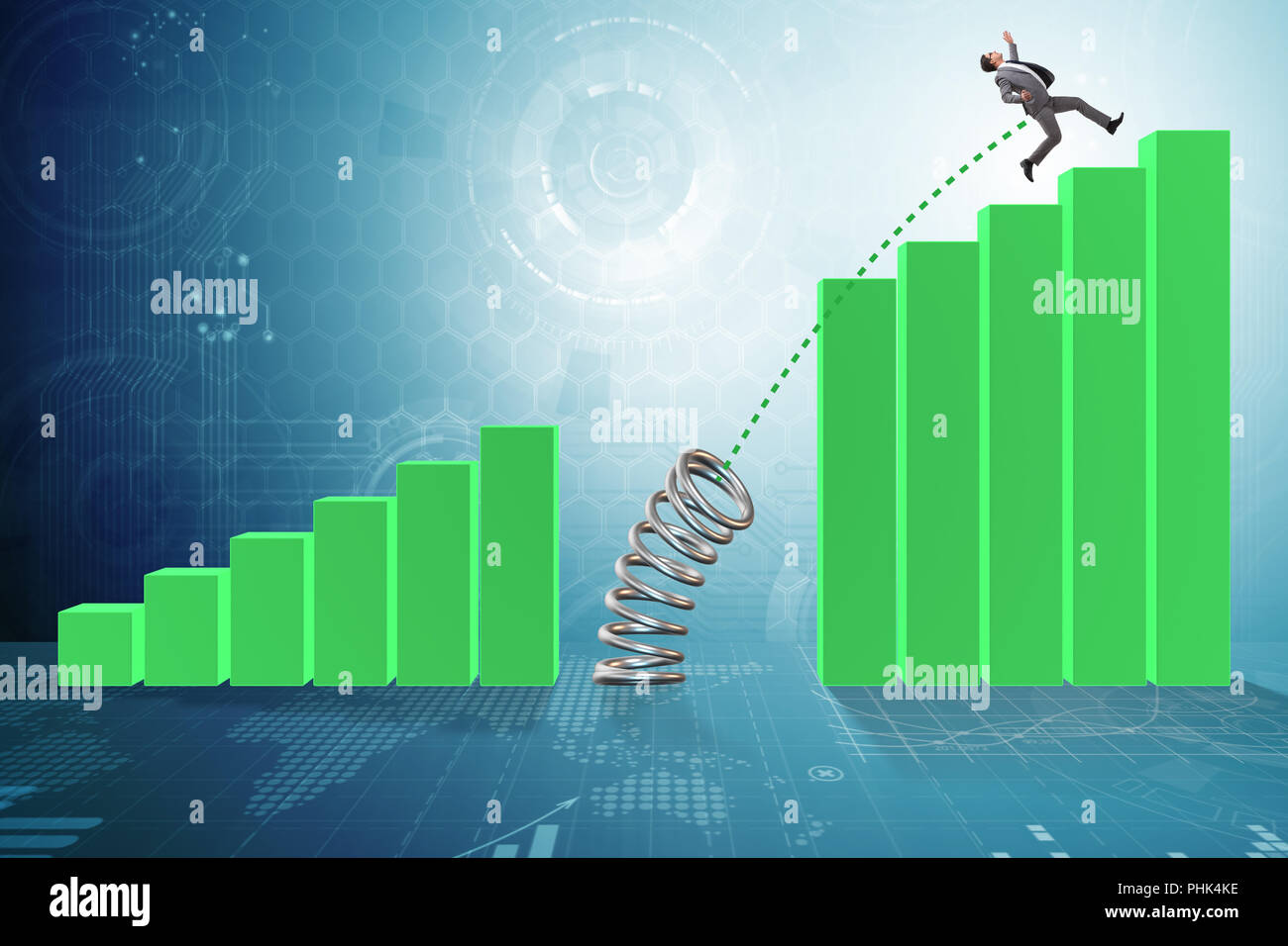 Business people jumping over bar charts Stock Photo - Alamy