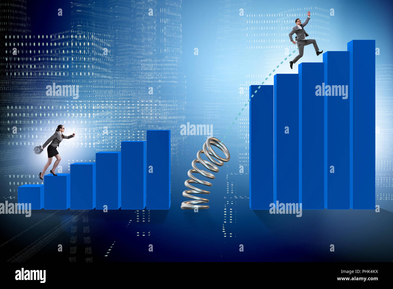 Business people jumping over bar charts Stock Photo - Alamy