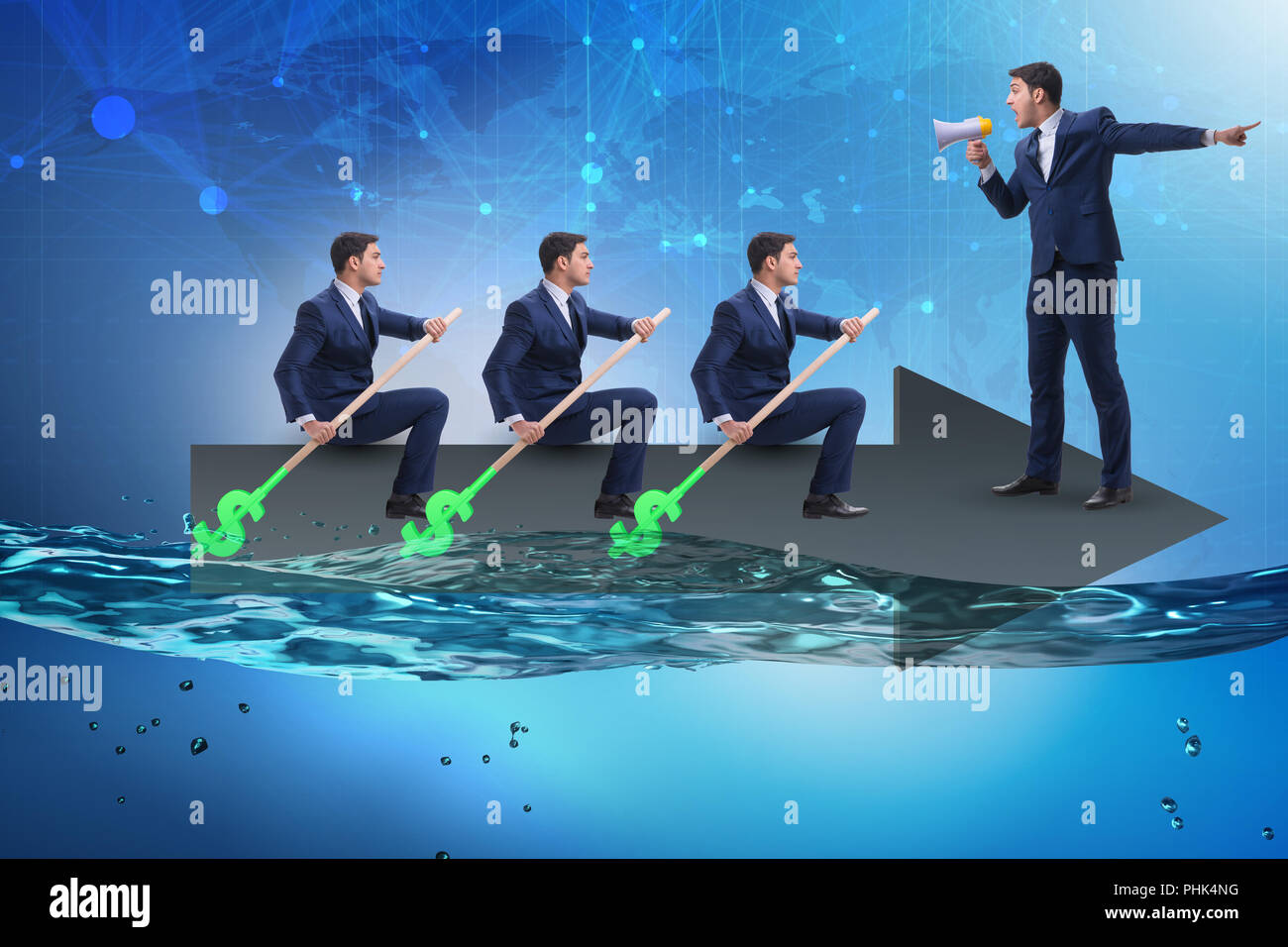 Teamwork concept with businessmen on boat Stock Photo - Alamy