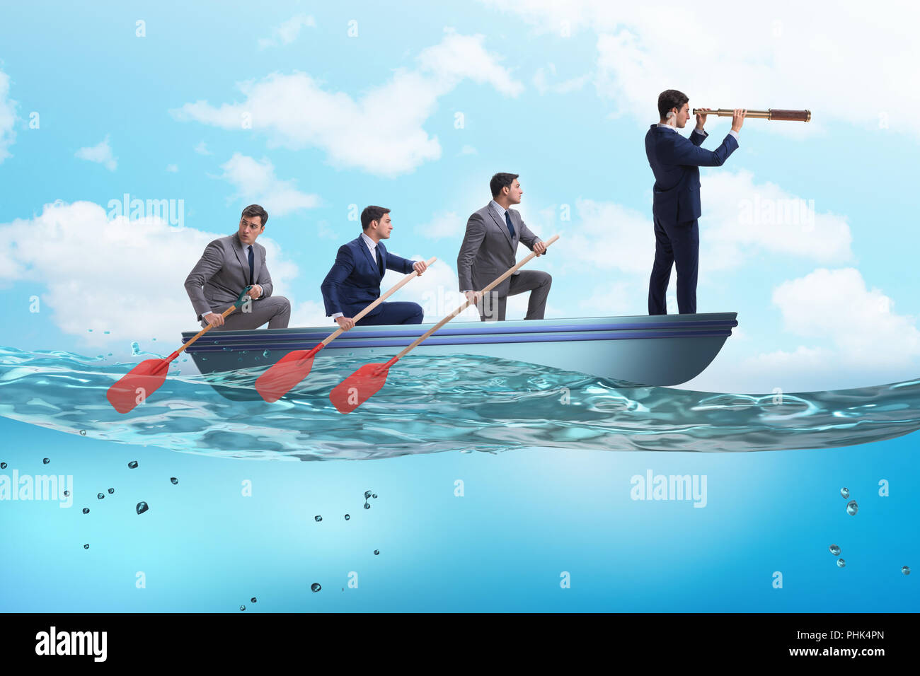 Team of businessmen in teamwork concept with boat Stock Photo - Alamy