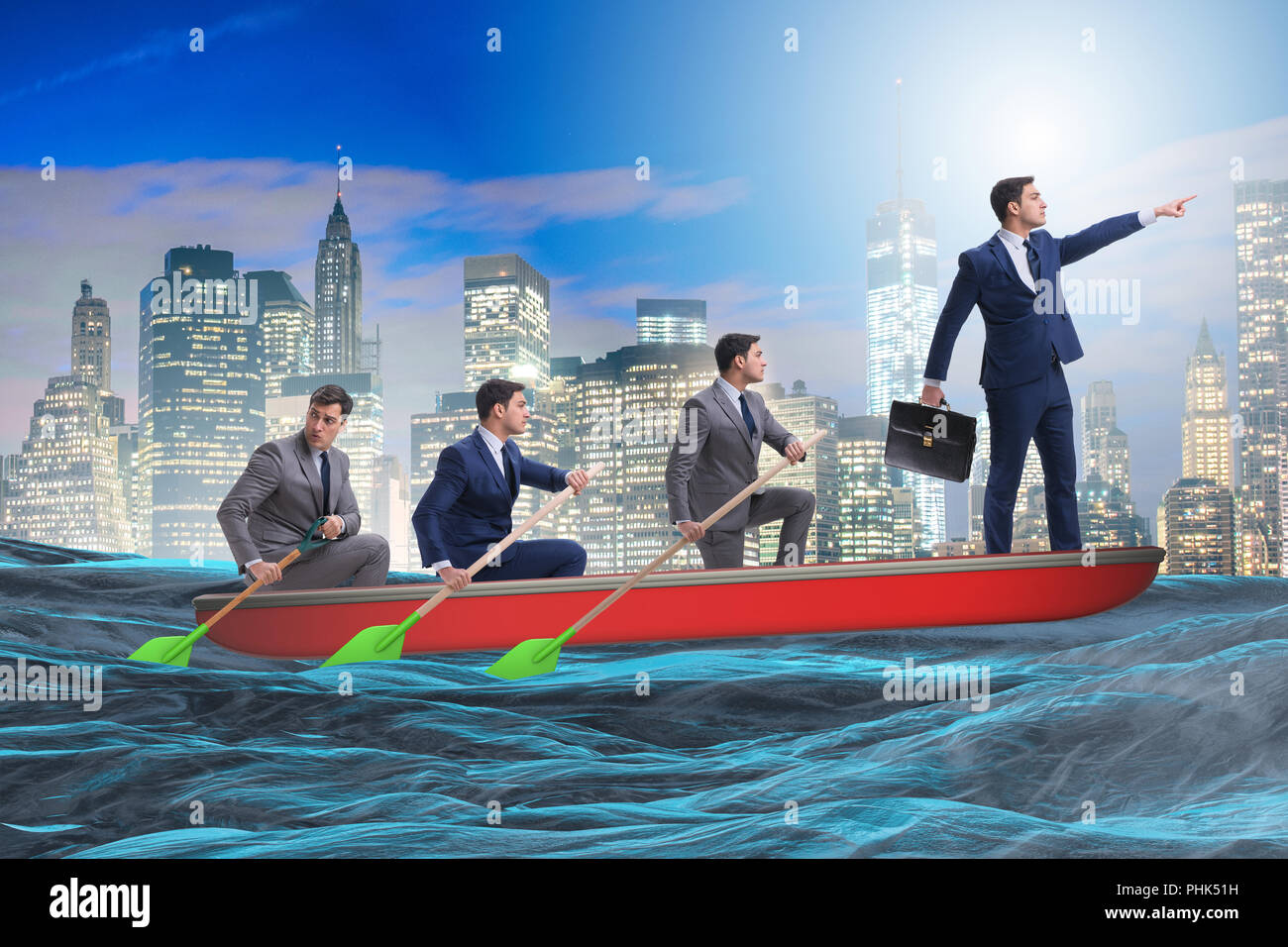 Team of businessmen in teamwork concept with boat Stock Photo - Alamy