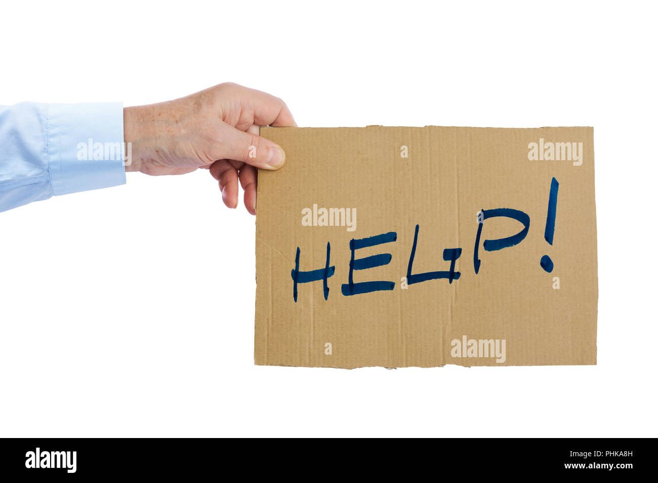 Hand with cardboard Help Stock Photo - Alamy