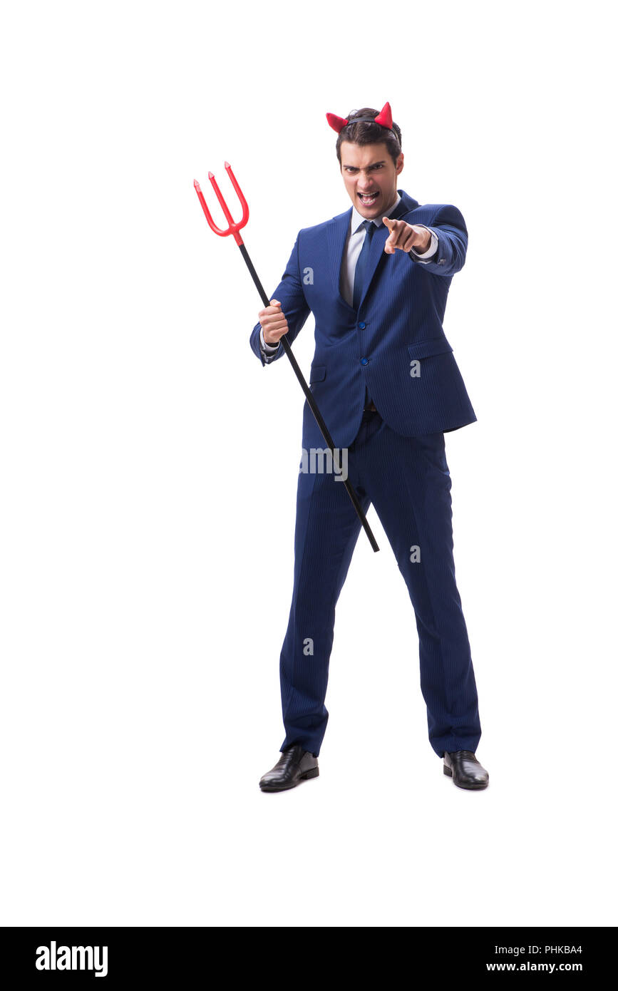Evil devil businessman with pitchfork isolated on white backgrou Stock ...