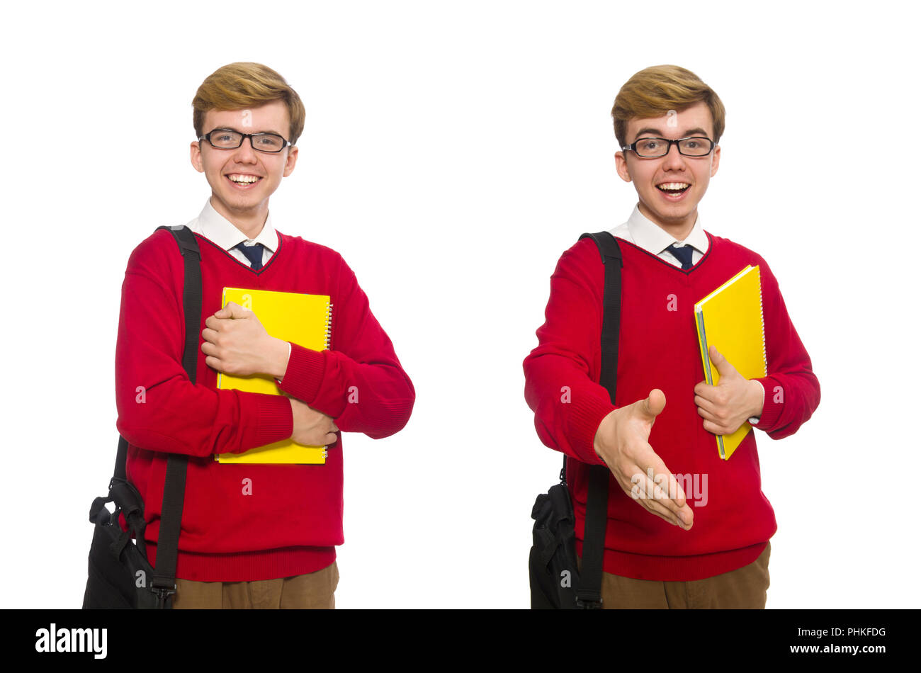 Student with bag and paper isolated on white Stock Photo - Alamy