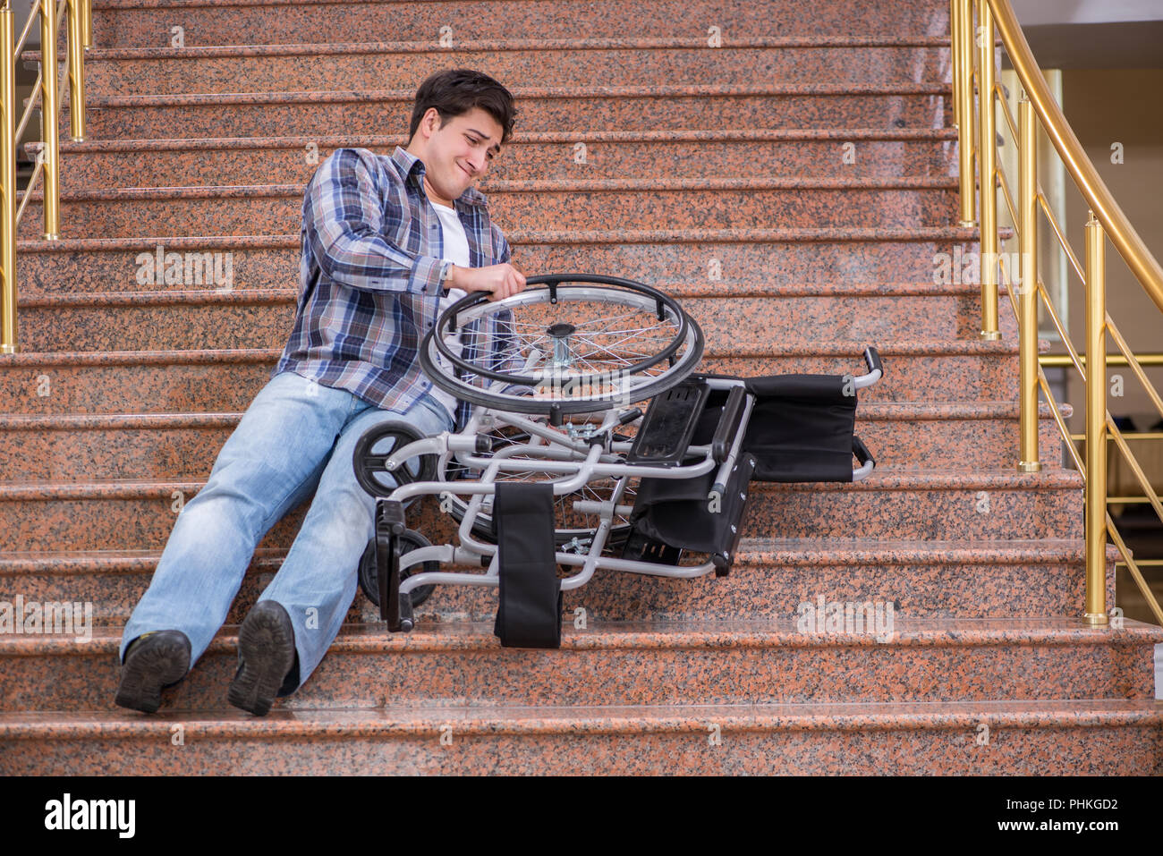 Disabled man on wheelchair having trouble with stairs Stock Photo - Alamy