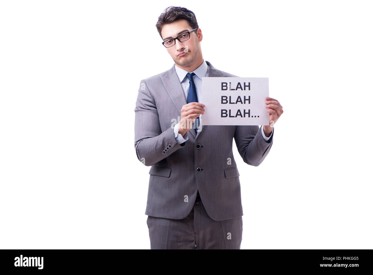 Businessman telling lies isolated on white background Stock Photo - Alamy