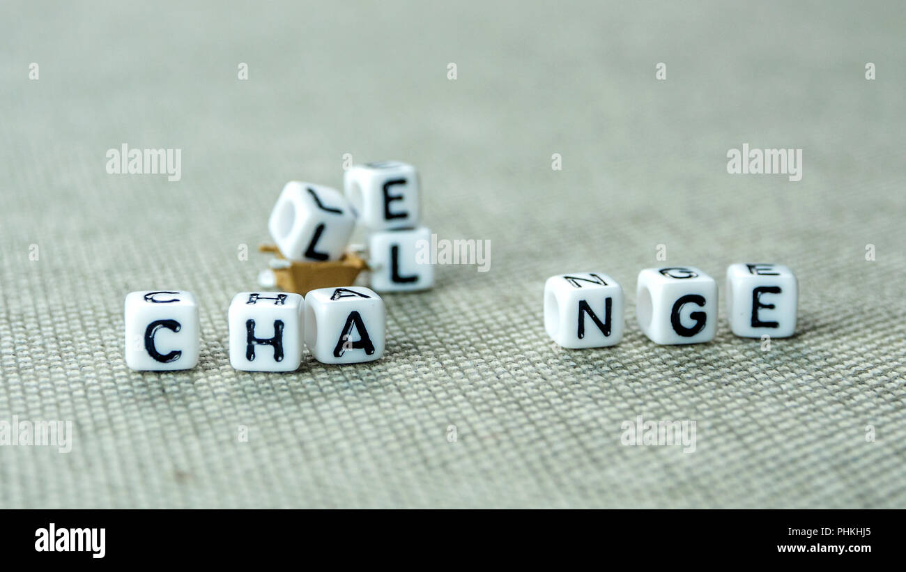 White cubes with word challenge creating new word change, personal ...