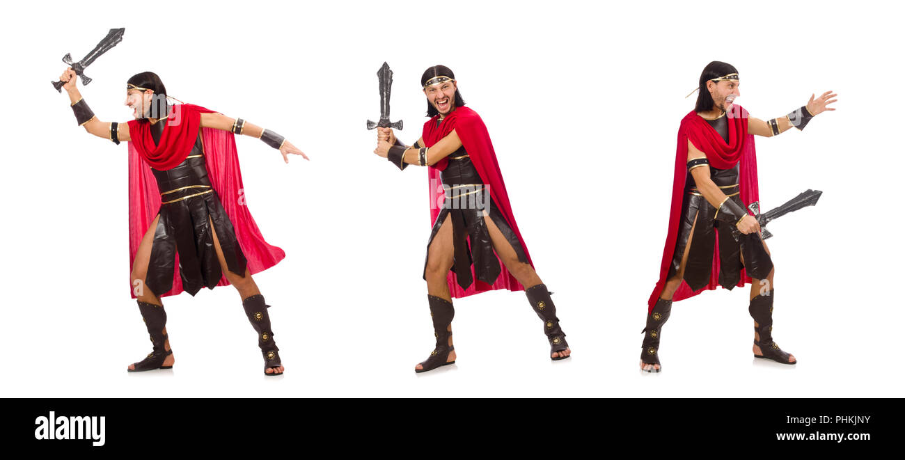 Gladiator posing with sword isolated on white Stock Photo - Alamy