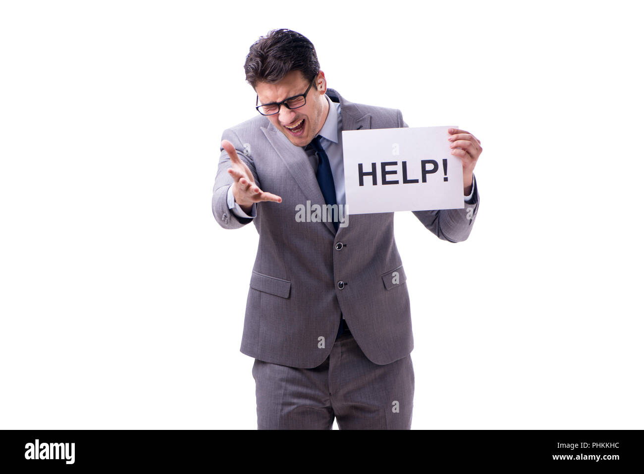 Businessman asking for help isolated on white background Stock Photo ...