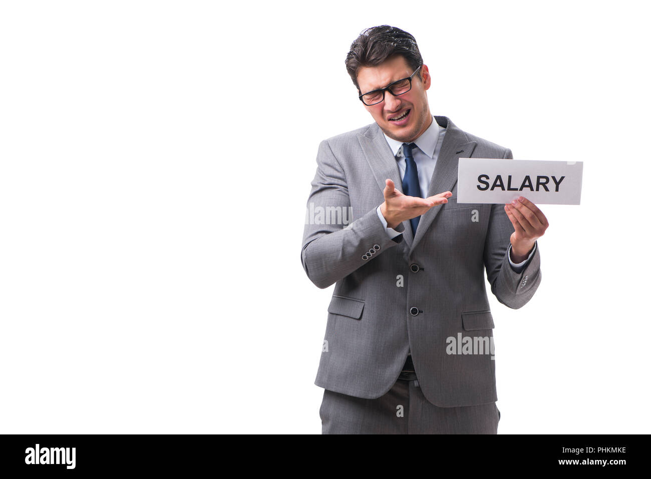 Businessman asking for salary increase isolated on white backgro Stock ...
