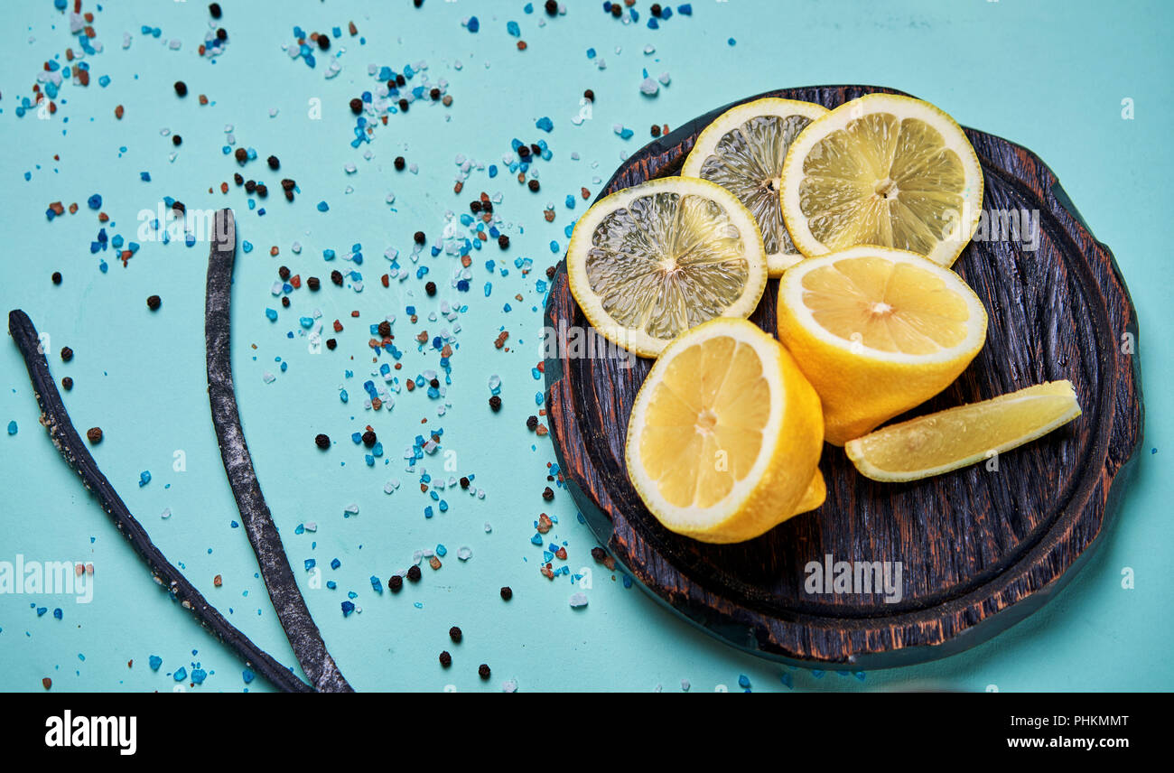 lemon on a wooden Board Stock Photo - Alamy